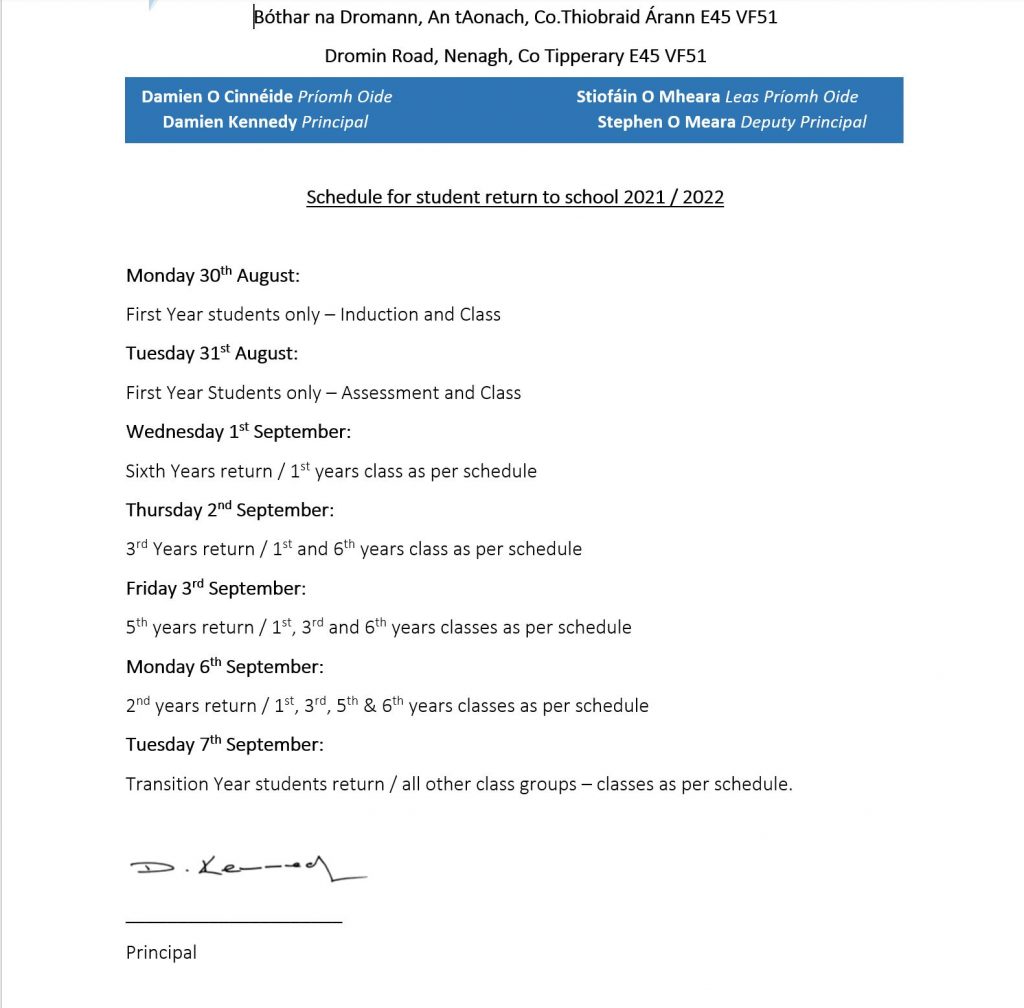 Return to School Schedule 2021-2022 – Nenagh College