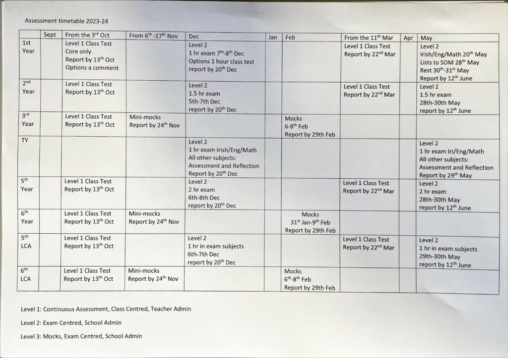 Assessment timetable 2023-24 – Nenagh College