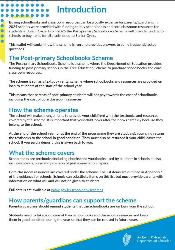 A guide for Parents: Post-primary Schoolbooks Scheme – Nenagh College